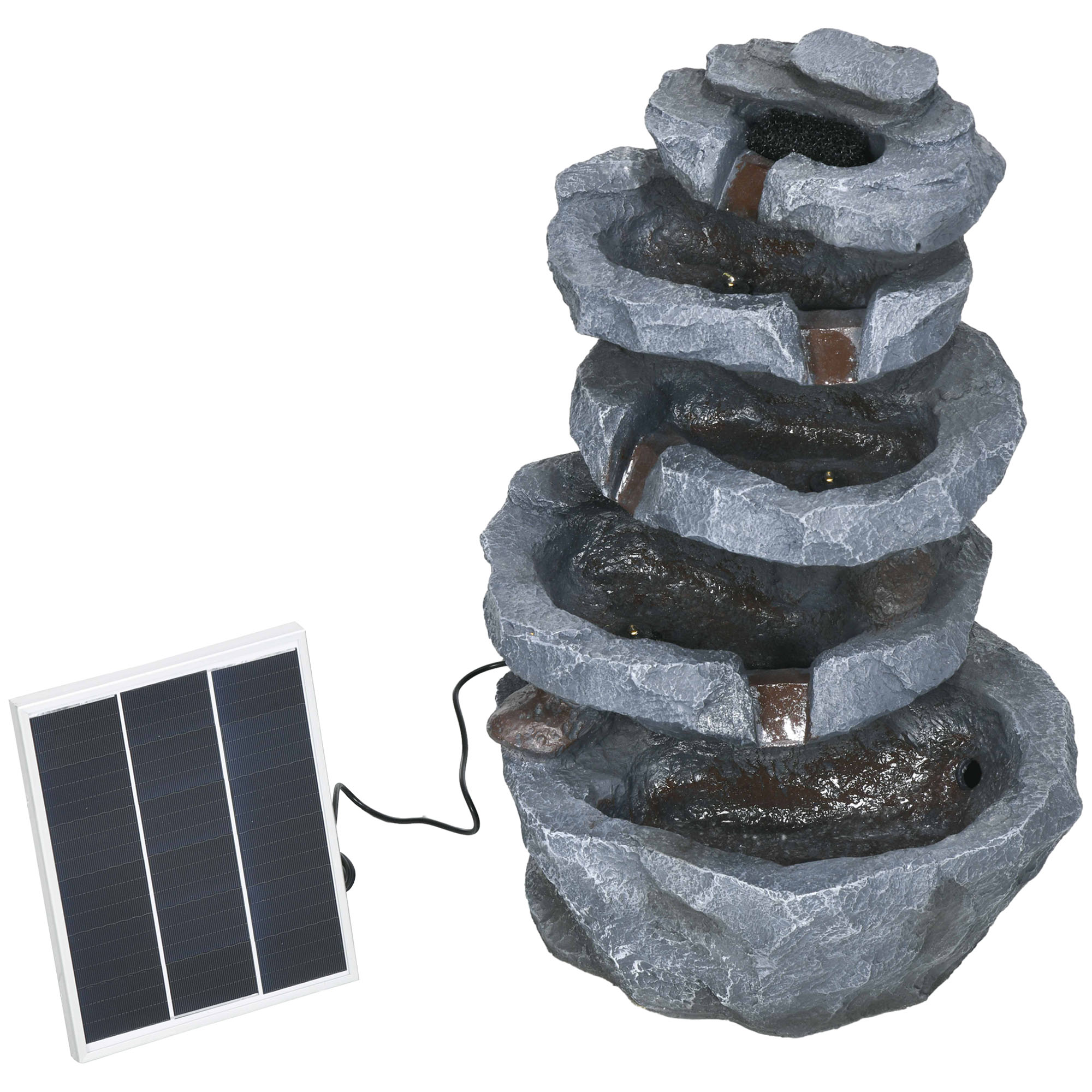 Solarbetriebener 5-stufiger Kaskadenbrunnen aus Kunstharz mit LED ...